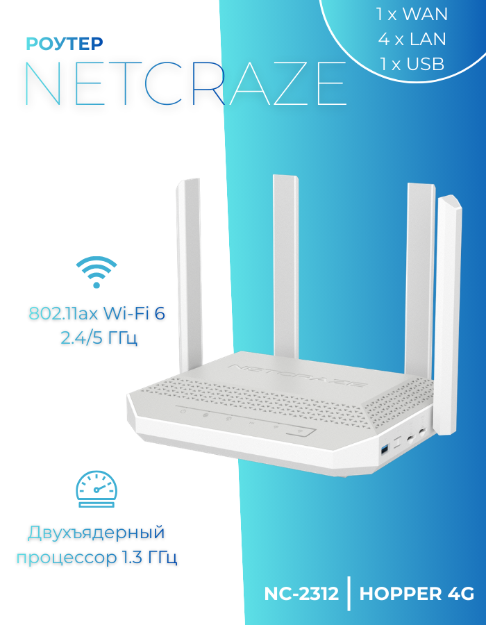 Роутер Netcraze "Hopper 4G+" NC-2312, Wi-Fi, 4G, Mesh, USB-модем, белый
