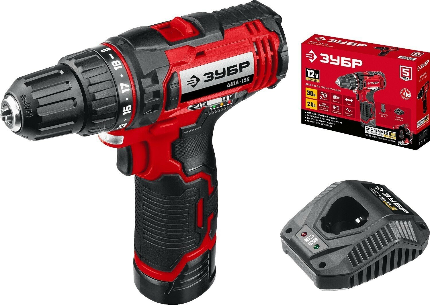 Дрель-шуруповерт, в коробке, ЗУБР ДШЛ-125-21, 12В, 1 АКБ (2Ач).