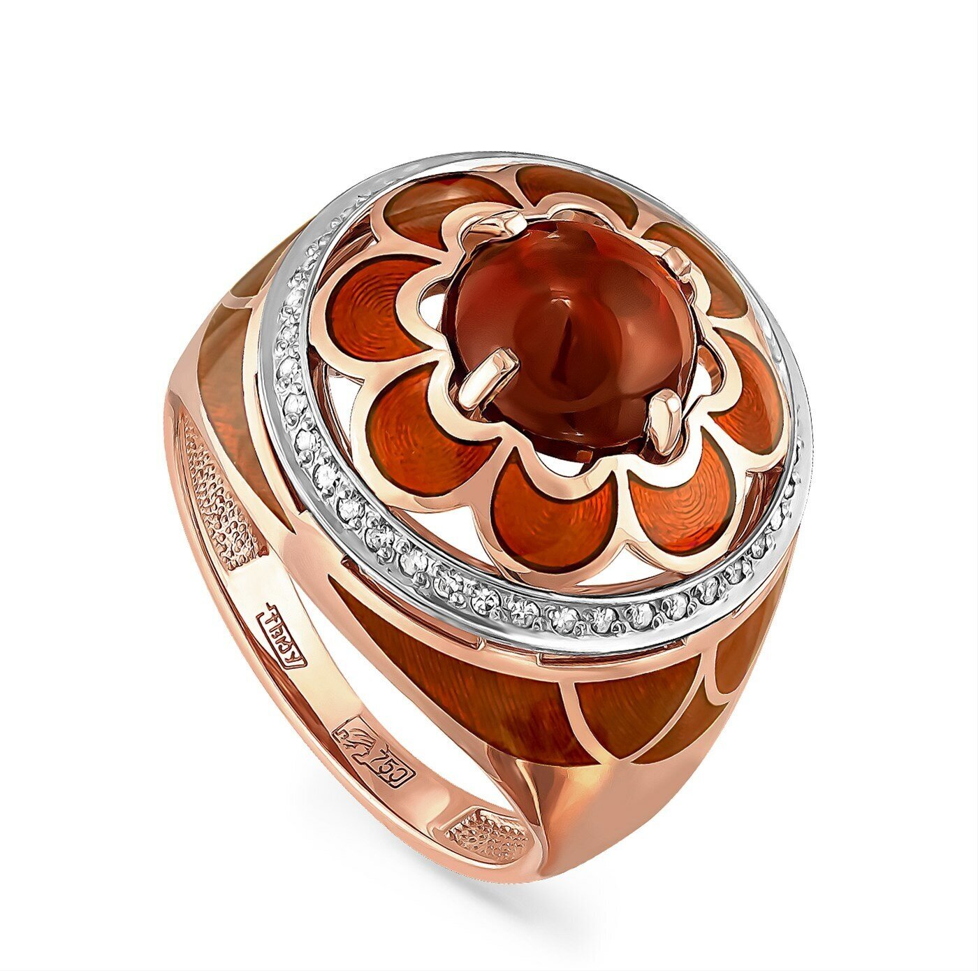 Кольцо, красное золото, 585 проба, гранат, бриллиант