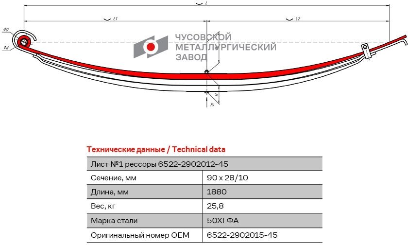 Лист №1 Рессора передняя для грузовиков производства ПАО КамАЗ 6522 3 листа