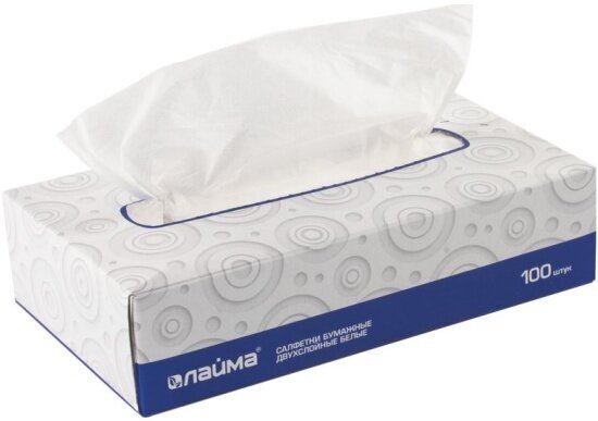 Салфетки косметические Лайма 20х20 см 2-сл Laima белые, 100 листов в картонном боксе