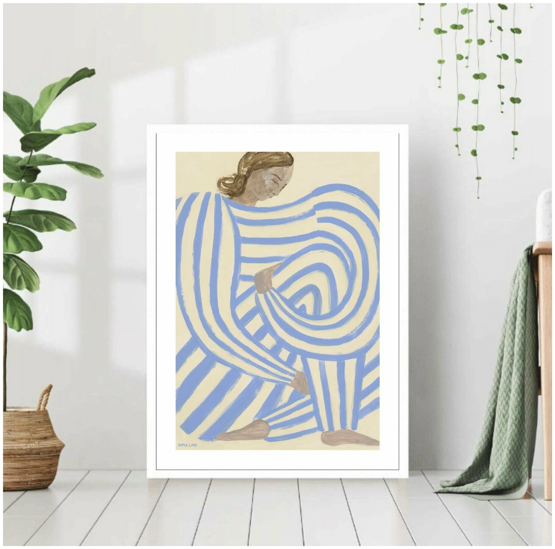 Постер "София Линд - девушка с голубыми полосками" в белой рамке 40х50 см для интерьера на стену