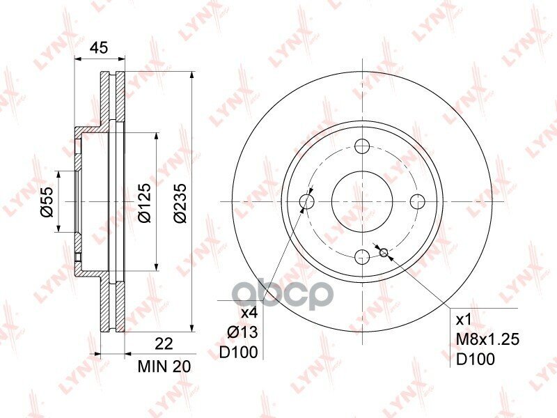 Диск тормозной передний (235x22) MAZDA Demio(DW) 1.3-1.5 98-03 / 323 IV-VI 1.6-1.8 90-04 LYNXauto арт. bn-1067