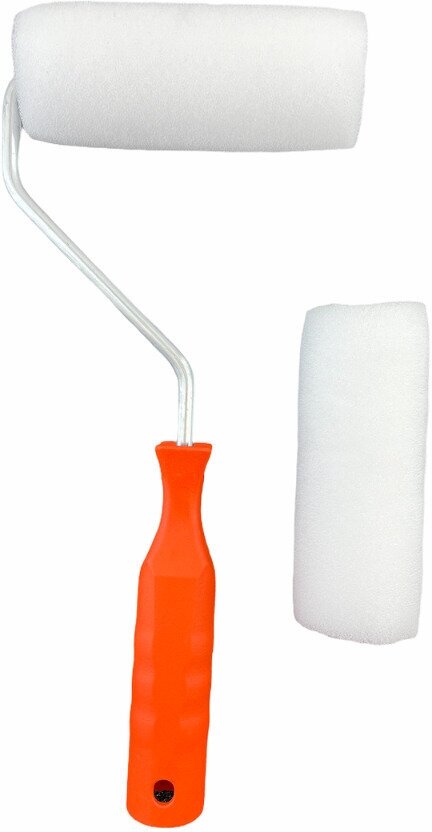 Малярный мини валик с эргономичной пластиковой ручкой из поролона для красок на водной основе, ровная поверхность, диаметр 35 мм, размер- 100 мм, с запасным роликом