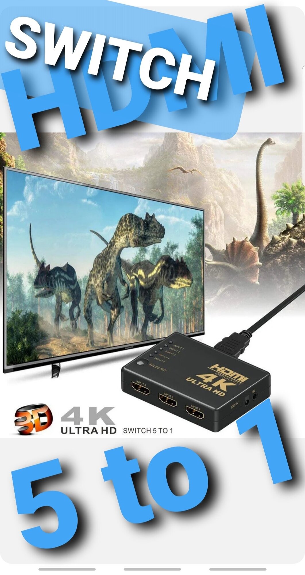 HDMI переключатель Switch 5 в 1, с пультом черный 4k