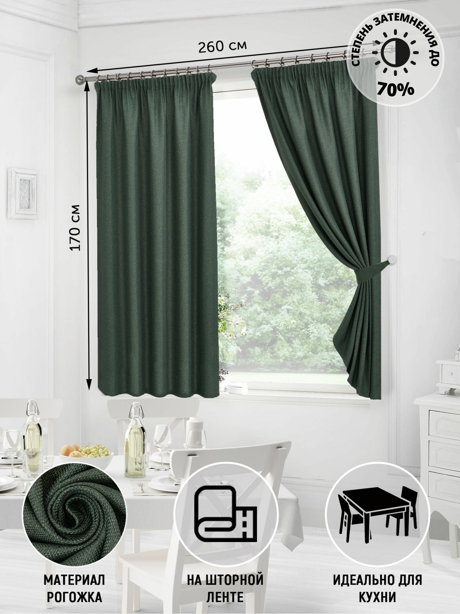 Шторы короткие плотные SvAlMi рогожка блэкаут для кухни спальни детской зеленый