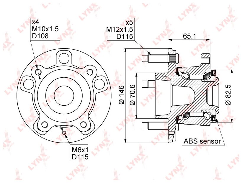 Ступица задняя в сборе (с ABS, D 146мм) LYNXauto WH-1116. Для: CHEVROLET Шевроле Cruze(Круз) 1.6-2.0D 09>, OPEL Опель Astra(Астра) J 1.3D-1.6 09> / Zafira(Зафира) C 1.4-2.0D 11>