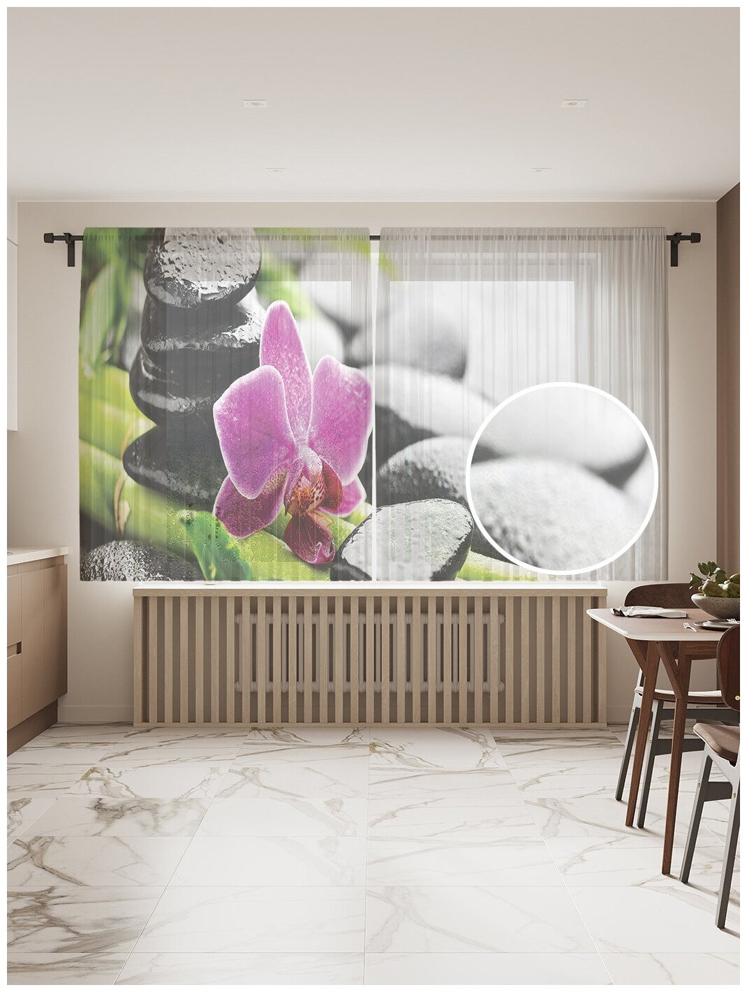 Тюль, фототюль короткий "Орхидея в каменном саду" высота 180 см, ширина 145 см (по 2 полотна), JoyArty