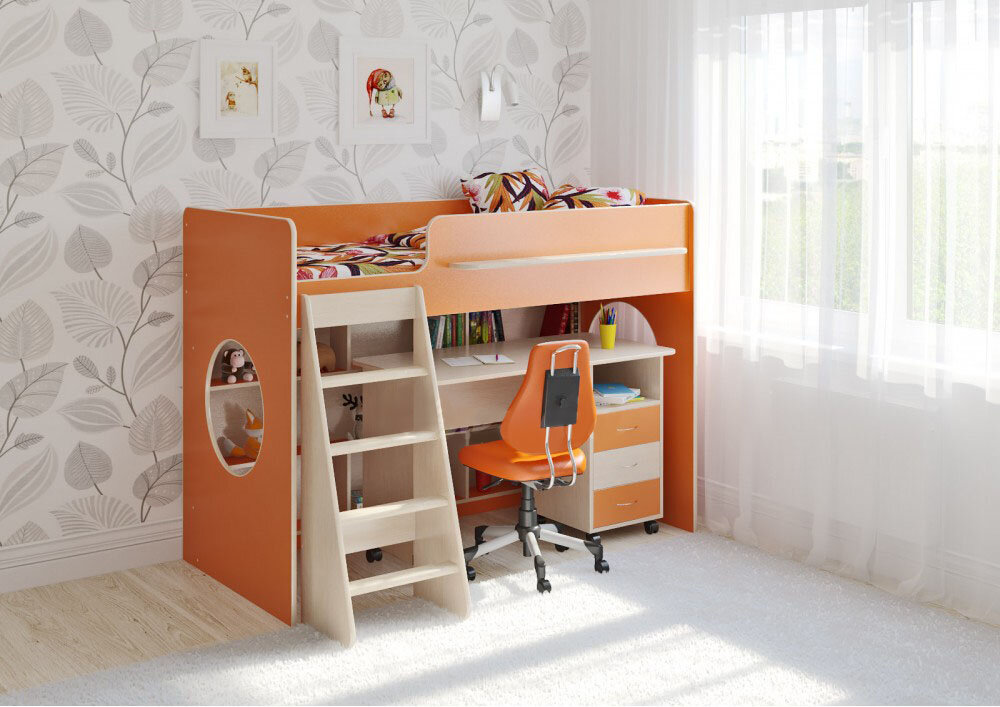 Детская кровать Л-26.6 Дуб Молочный Оранжевый