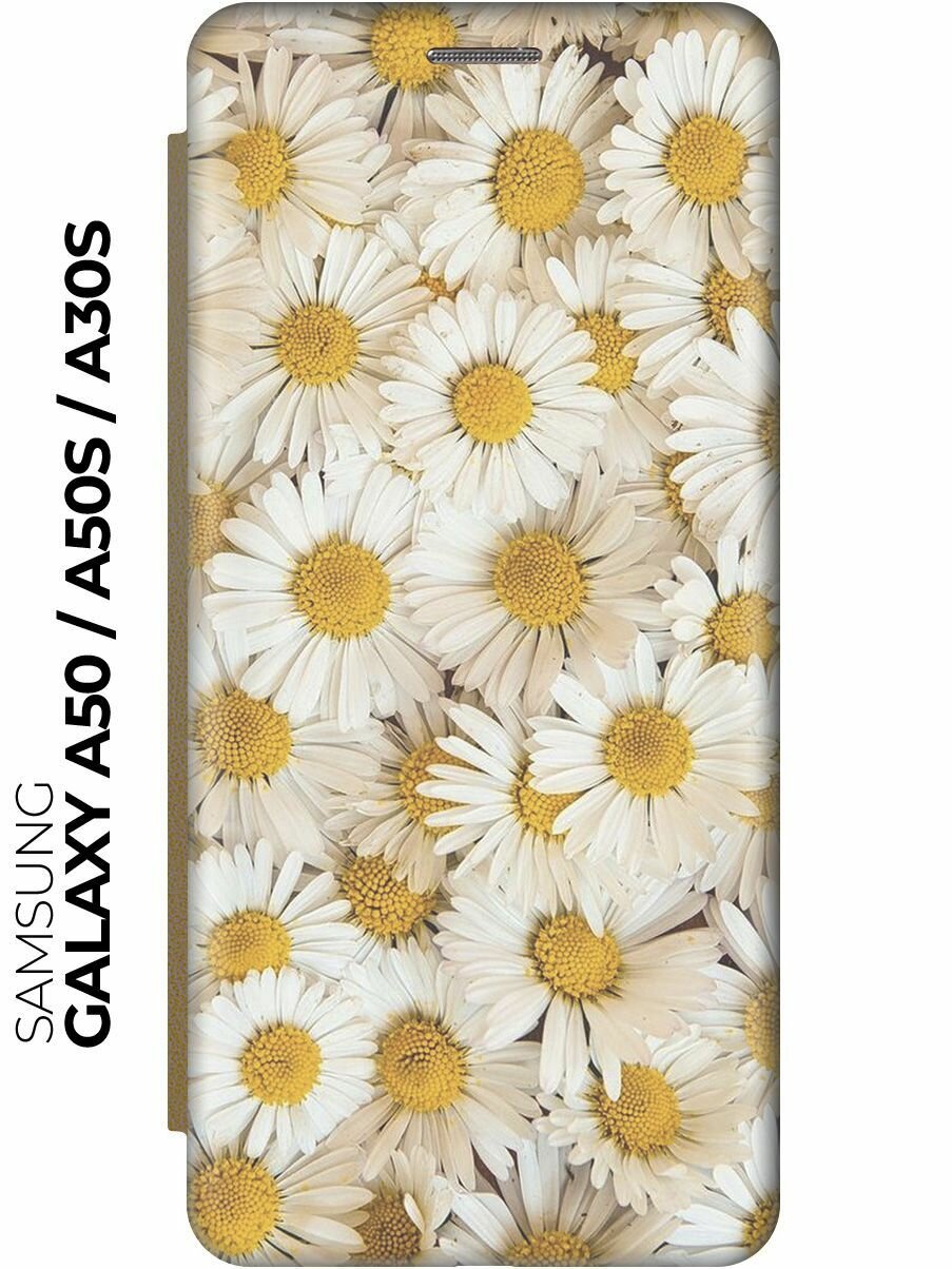 Чехол-книжка Много ромашек на Samsung Galaxy A50 / A50s / A30s / Самсунг А50 / А30с / А50с золотой