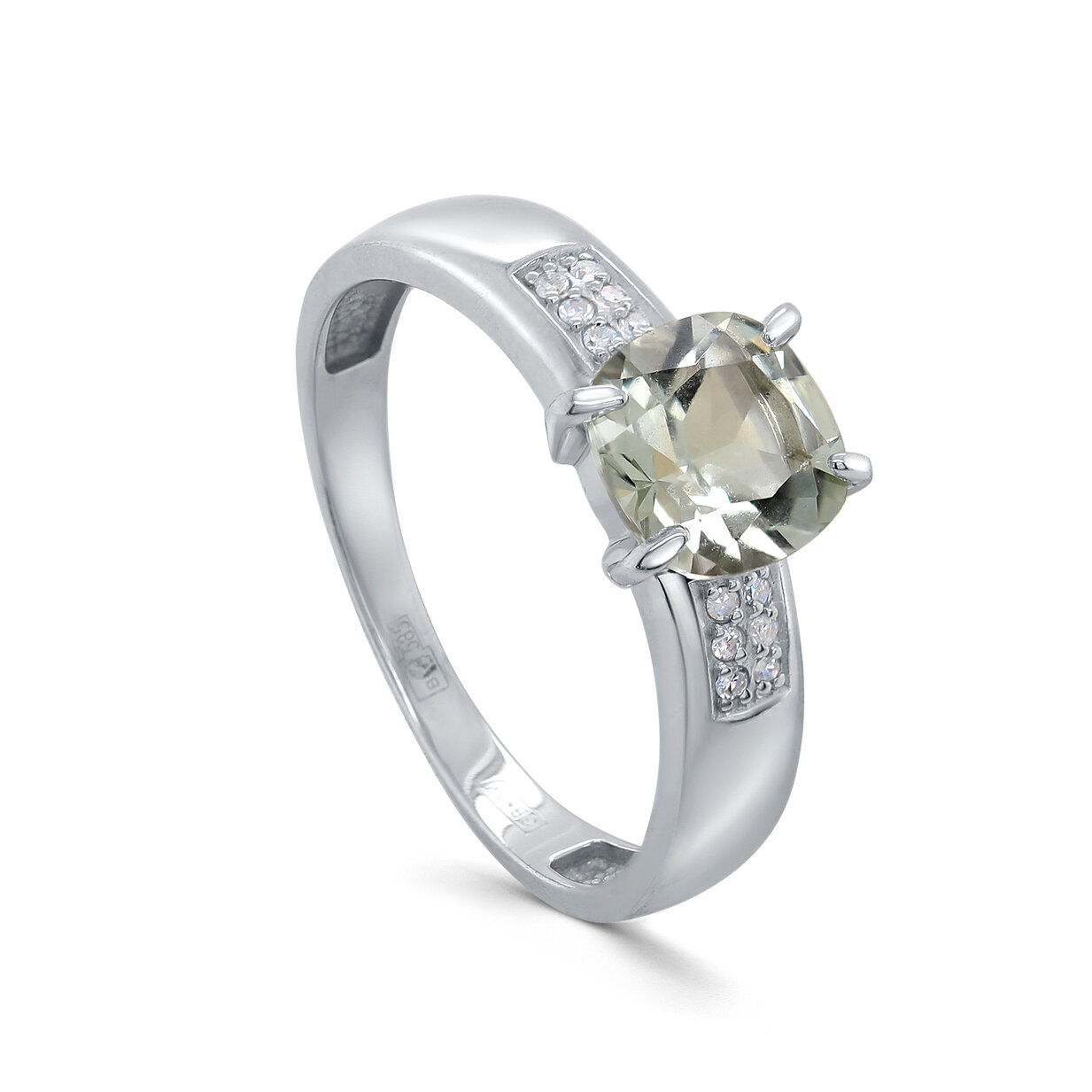 Кольцо, белое золото, 585 проба, празиолит, бриллиант