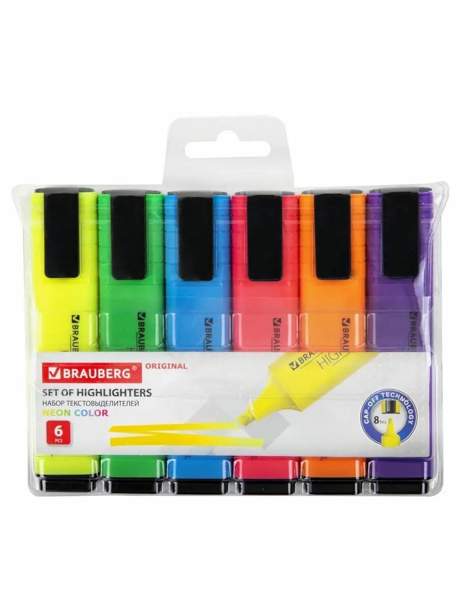 Неоновые маркеры Brauberg, текстовыделители, скошенный наконечник, длина линии письма 300 м, 6 штук