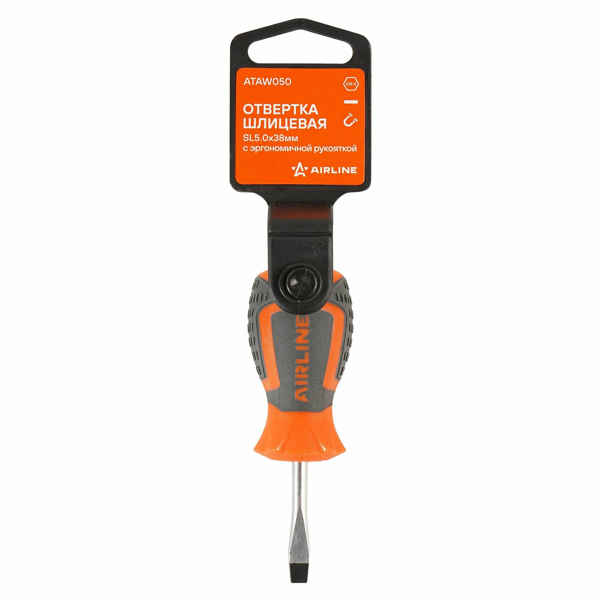 Отвертка шлицевая Airline SL5.0x38 мм с эргономичной рукояткой магнитная, ATAW050