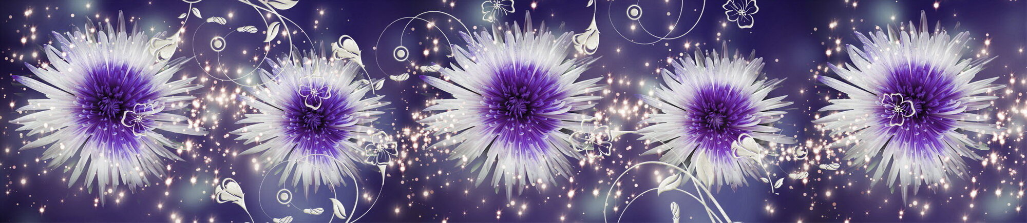 Кухонный фартук/стеновая панель МДФ для кухни 2800*600*6мм MR-20 "Хризантемы" Серебро (эффект мерцания)