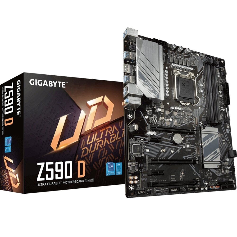 Материнская плата Gigabyte Z590 D, Socket 1200, IntelZ590, 4xDDR4-3200, DP, 3xPCI-Ex16, 2xPCI-Ex1, 6xSATA3(RAID 0/1/5/10), 2xM.2, 8Ch Audio, GLan, (0+4)xUSB2.0, (6+2)xUSB3.2, 2xPS/2, ATX, RTL