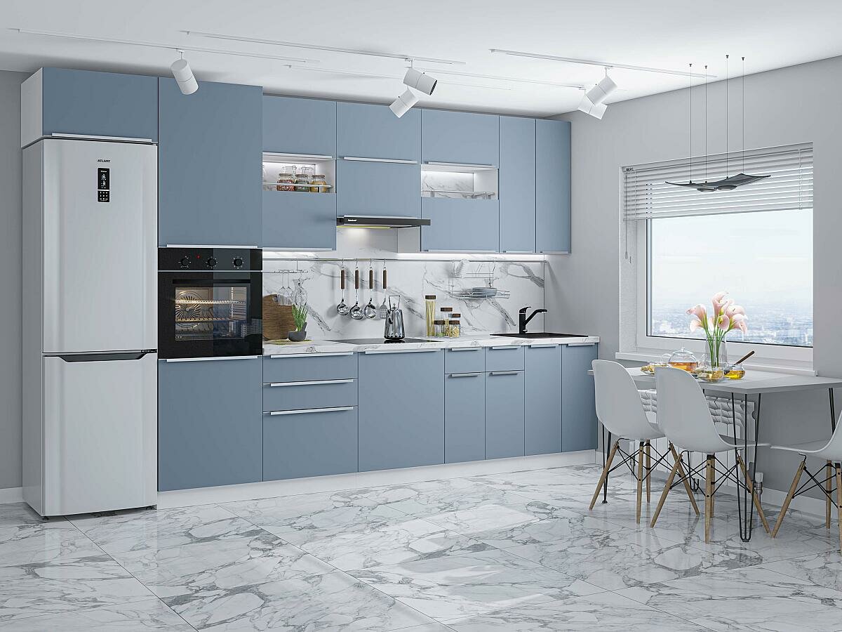 Кухонный гарнитур VIVAT Фьюжн-011 Silky Blue, 234х360х60 см, ЛДСП, МДФ со столешницей