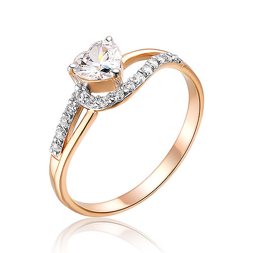 Кольцо тонкое, помолвочное, красное золото, 585 проба, фианит