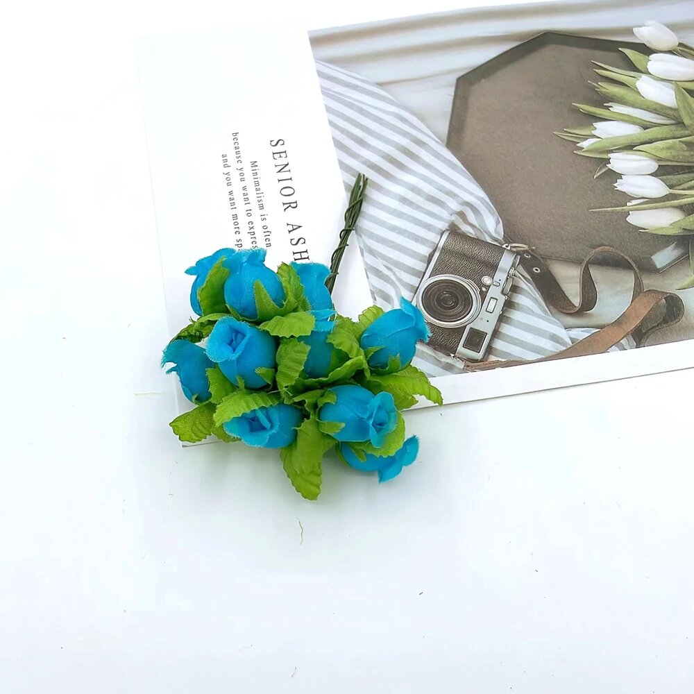 Искусственные шелковые розы мини-букеты Рождество 12/36/72 шт. Бирюзовый, 12pcs, Синий