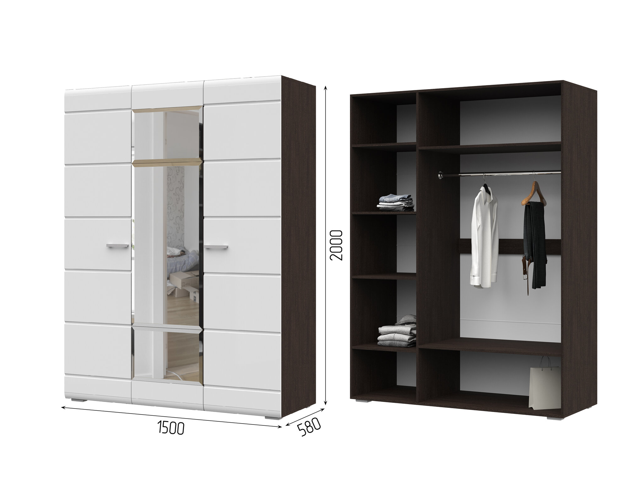 Шкаф 3-х створчатый Вегас 1500*2000*570 цвет Венге/белый глянец Стендмебель