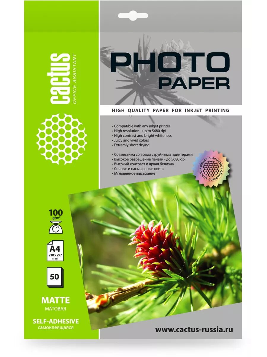 Фотобумага Cactus CS-MSA410050 A4/100г/м2/50л мат. самоклей.