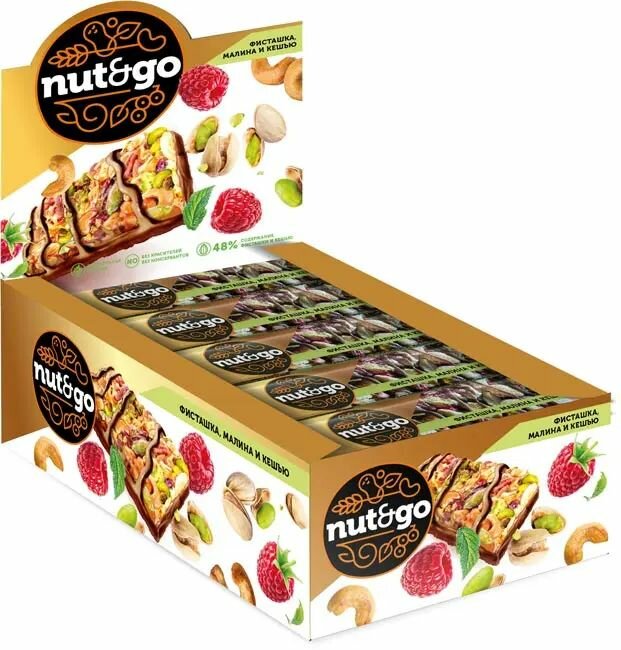 Батончик "Nut&Go", батончик Фисташка, малина и кешью, 28 г (упаковка 24 шт)