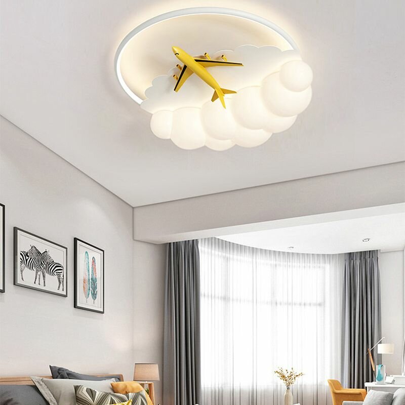 Детская комната, облака и самолет, спальня, верхний свет