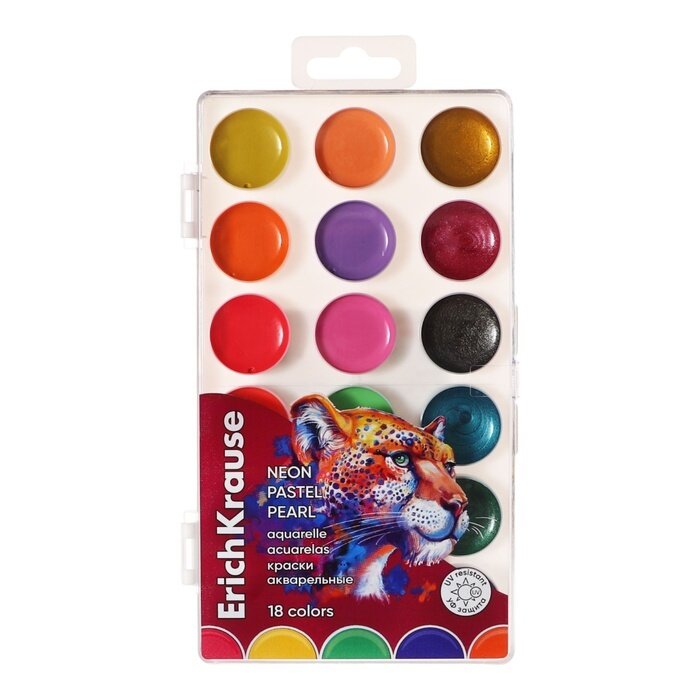 Краски акварельные Erich Krause Safari Neon Pastel Pearl, 18 цветов, с европодвесом (61380)