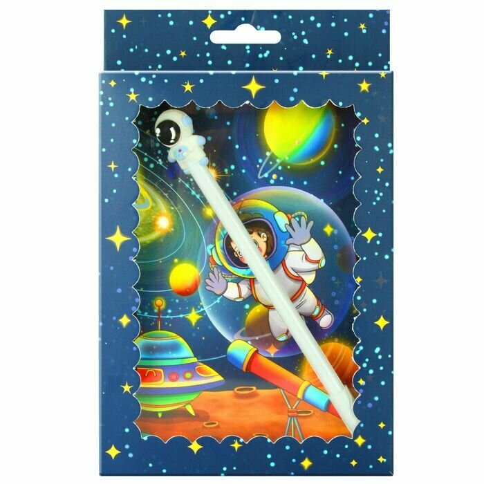 Блокнот А6 на гребне 50 листов в линейку с гелевой ручкой "Космос с космонавтом"