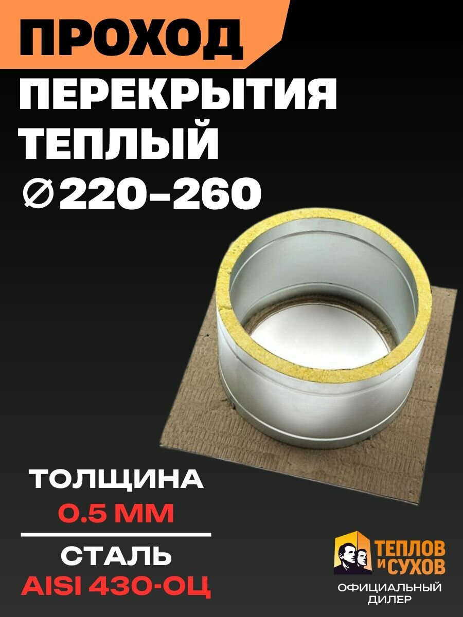 Потолочно проходной узел для дымохода d 220 круглый, ППУ теплый универсальный AISI 430 и Оцинковка 0.5 мм, лист нержавейка
