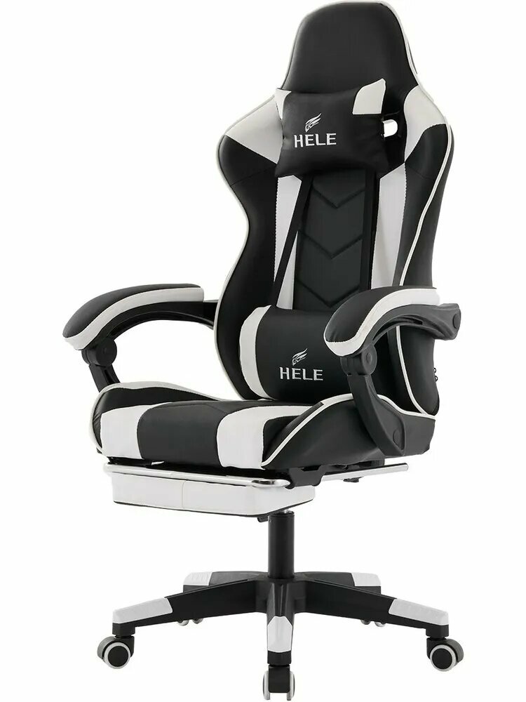 Черный/белый игровое кресло HELE, экокожа, с подголовником, металлический железный каркас, с подставкой для ног, регулируемые подлокотники, регулируемая спинка