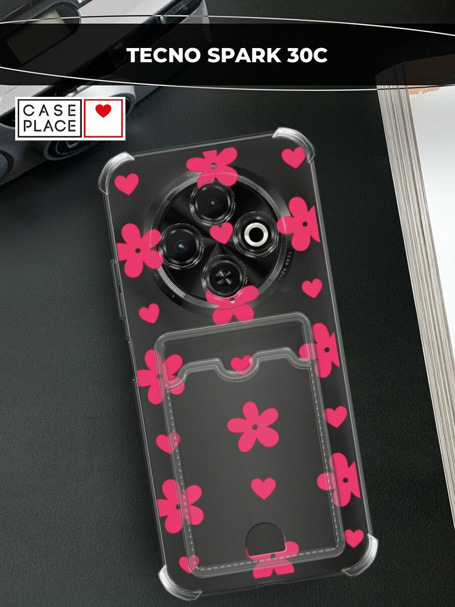 Чехол на Tecno Spark 30C (Текно Спарк 30C) с картой и принтом Ярко-розовые цветочки
