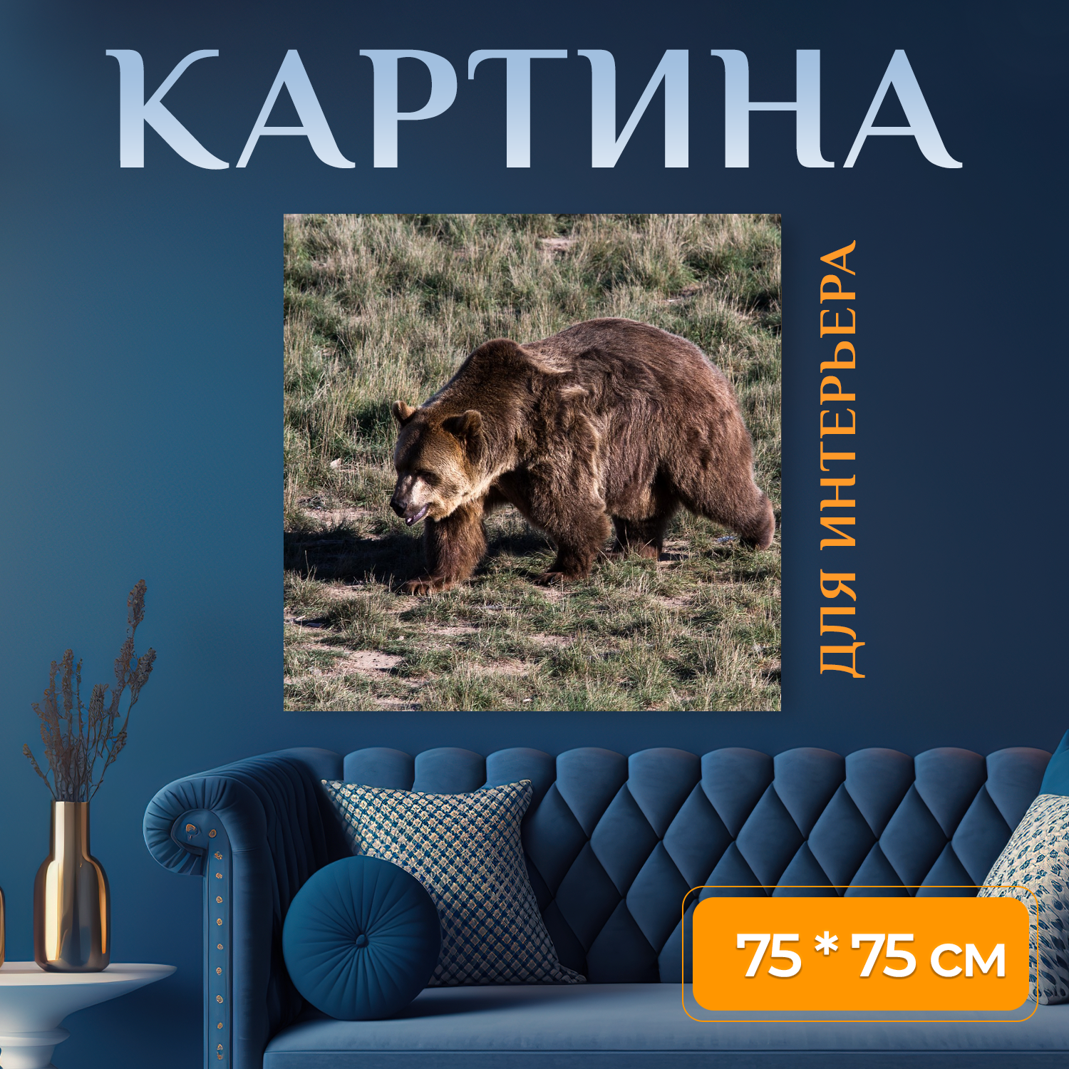 Картина на холсте "Медведь гризли, бурый медведь, гризли" на подрамнике 75х75 см. для интерьера