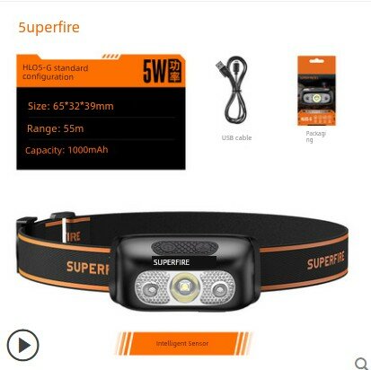 Supfire HL05-G Фонарь на голову 5 Вт яркости, автономность 5,5 ч с датчиком движения для активного отдыха