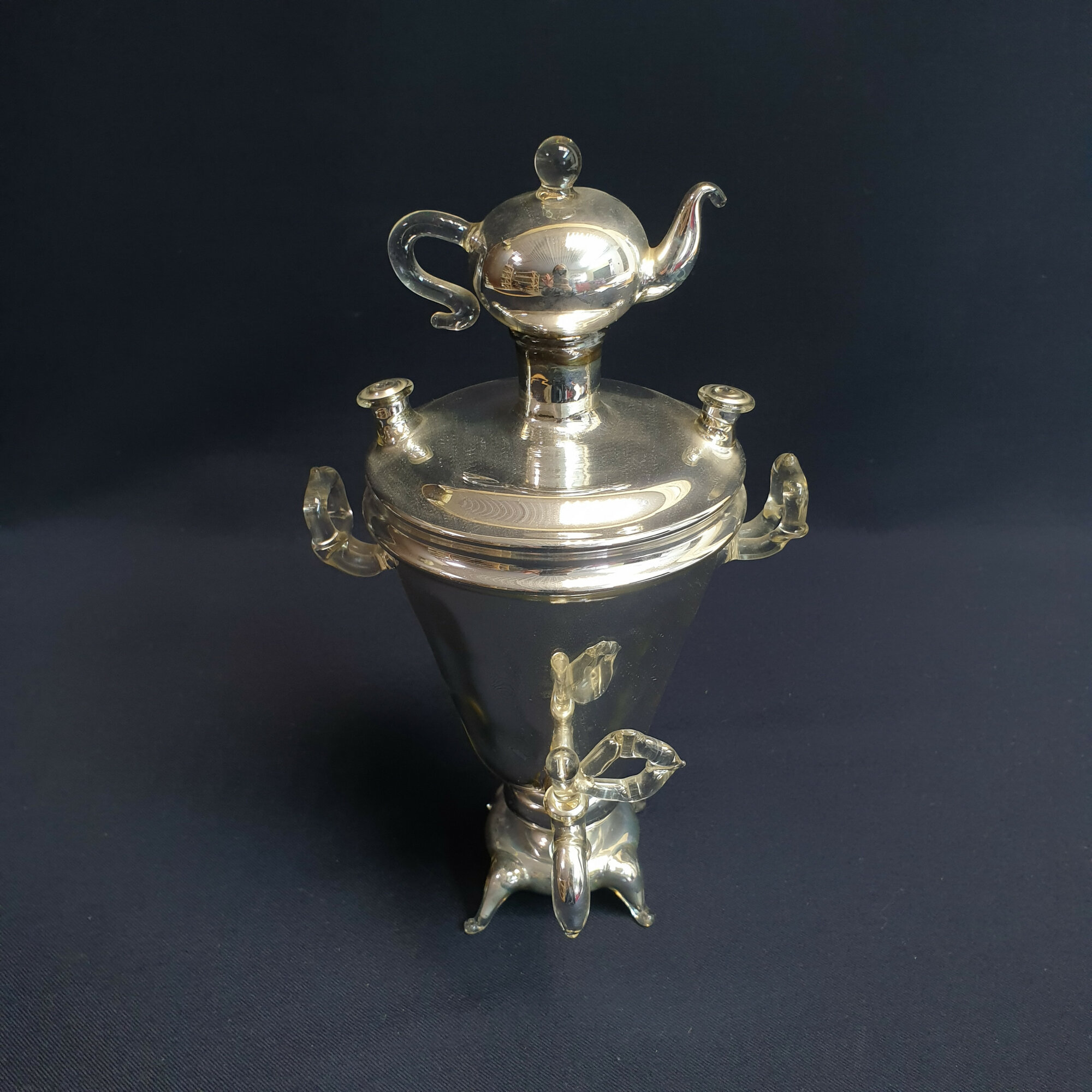 Сувенирный самовар из дутого стекла по техн. елочной игрушки, высота 21 см. Винтаж, СССР.
