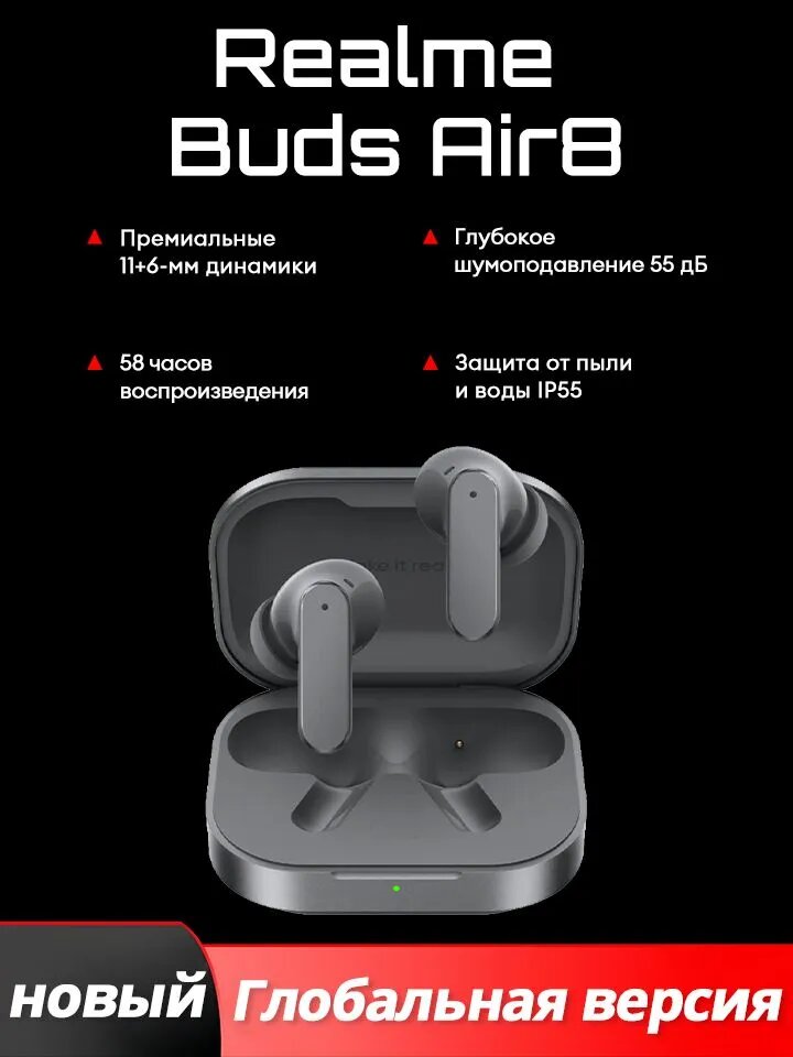 Realme Наушники беспроводные с микрофоном realme Buds Air 8, Bluetooth, USB Type-C, светло-серый