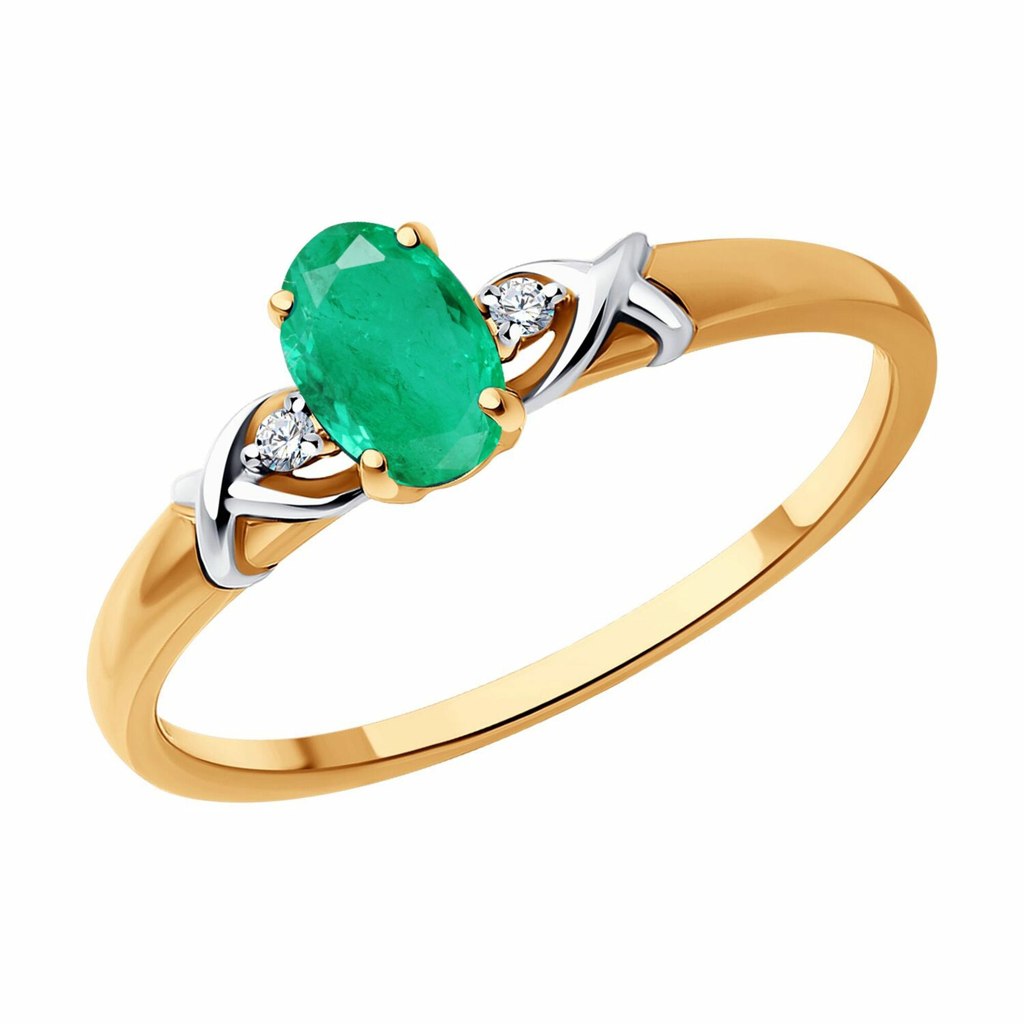 Кольцо, красное золото, 585 проба, изумруд, бриллиант