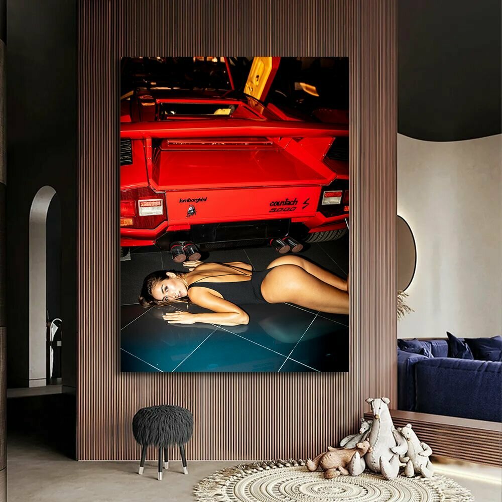 Картина "Ретро Автомобиль и Девушка", холст, дерево, печать, на подрамнике, подарок