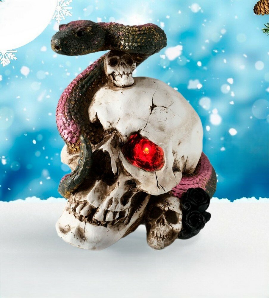 Сувенир полистоун свет "Череп со змеёй" 19,5х14,5х17,5 см