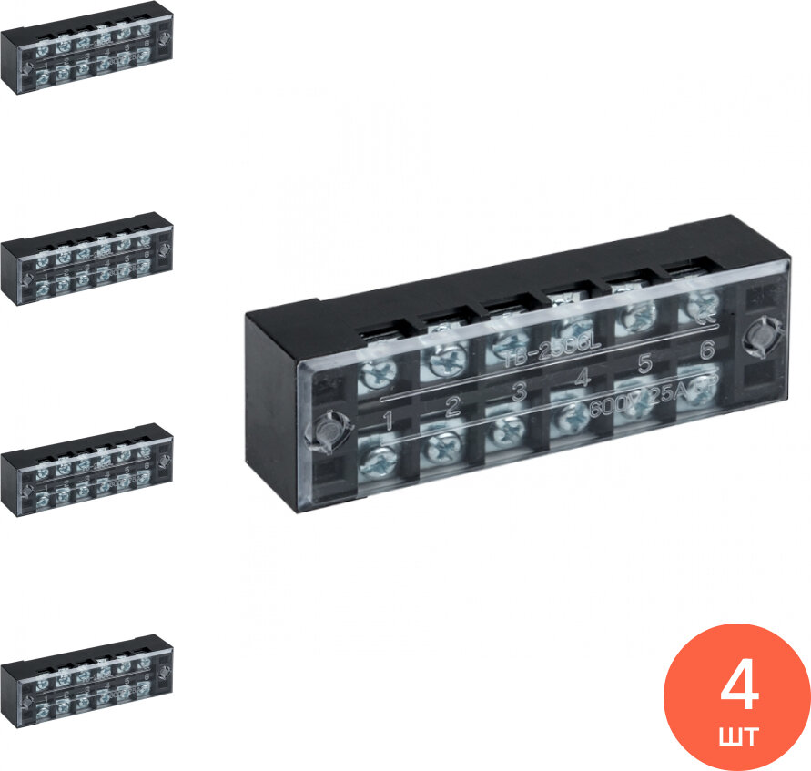 Блок зажимов EKF / ЕКФ PROxima TB-2506 колодка клеммная в корпусе из термопласта черная, сечение 2.5мм2, 25А, 660В, 6 пар контактов / электрика (комплект из 4 шт)