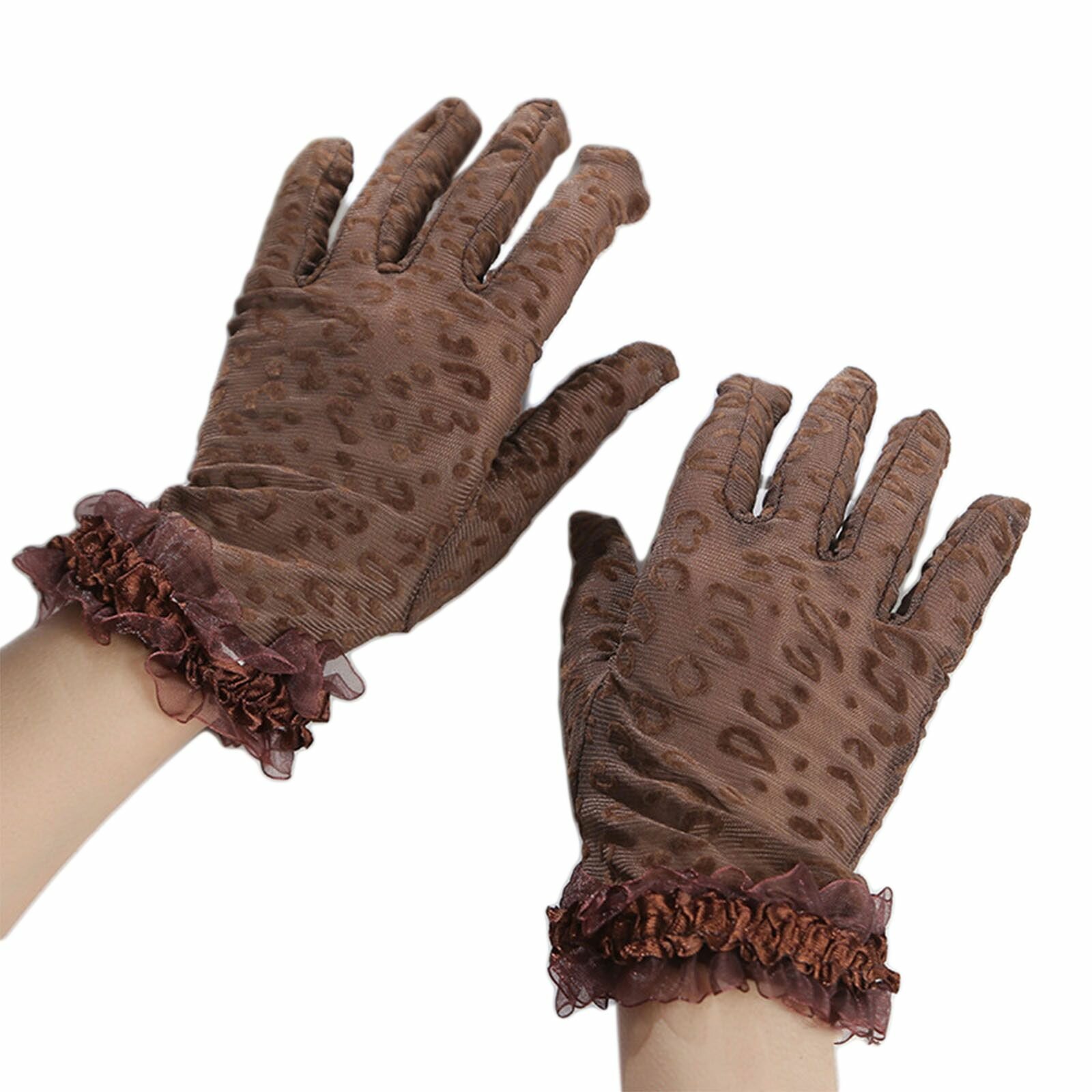 Тонкие сетчатые стрейчевые сексуальные женские солнцезащитные леопардовые кружевные перчатки-коричневый