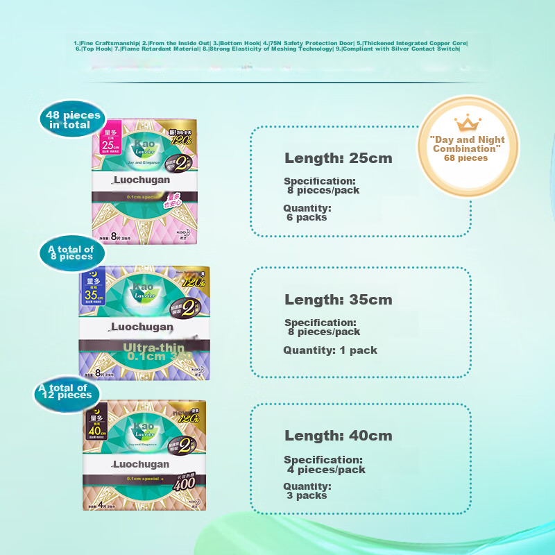 Laurier Kao Zero Touch Comfort Day And Night Sanitary Napkins Combo, 10 Packs, 68 Pieces, Ultra-Thin, Full Cycle