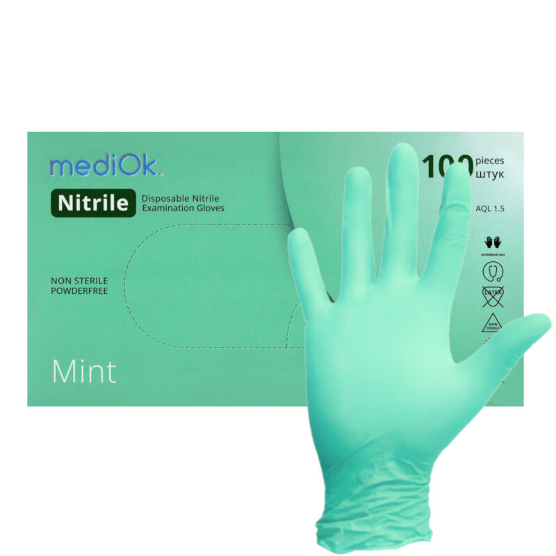 Перчатки нитриловые смотровые mediOk Mint зеленые (50 пар, L)