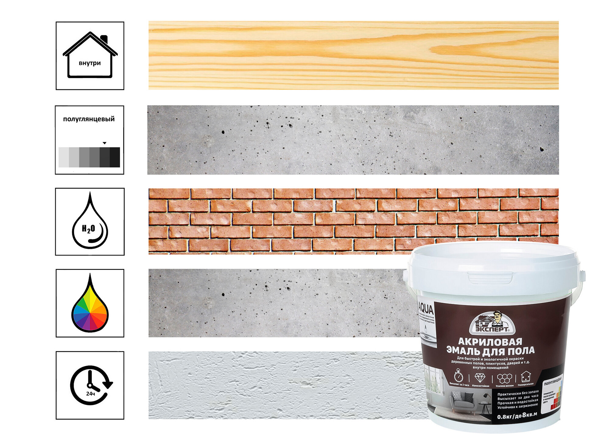 Эмаль Эксперт для пола, база А белый, 0,8 кг для износостойкого покрытия бетонных и деревянных полов