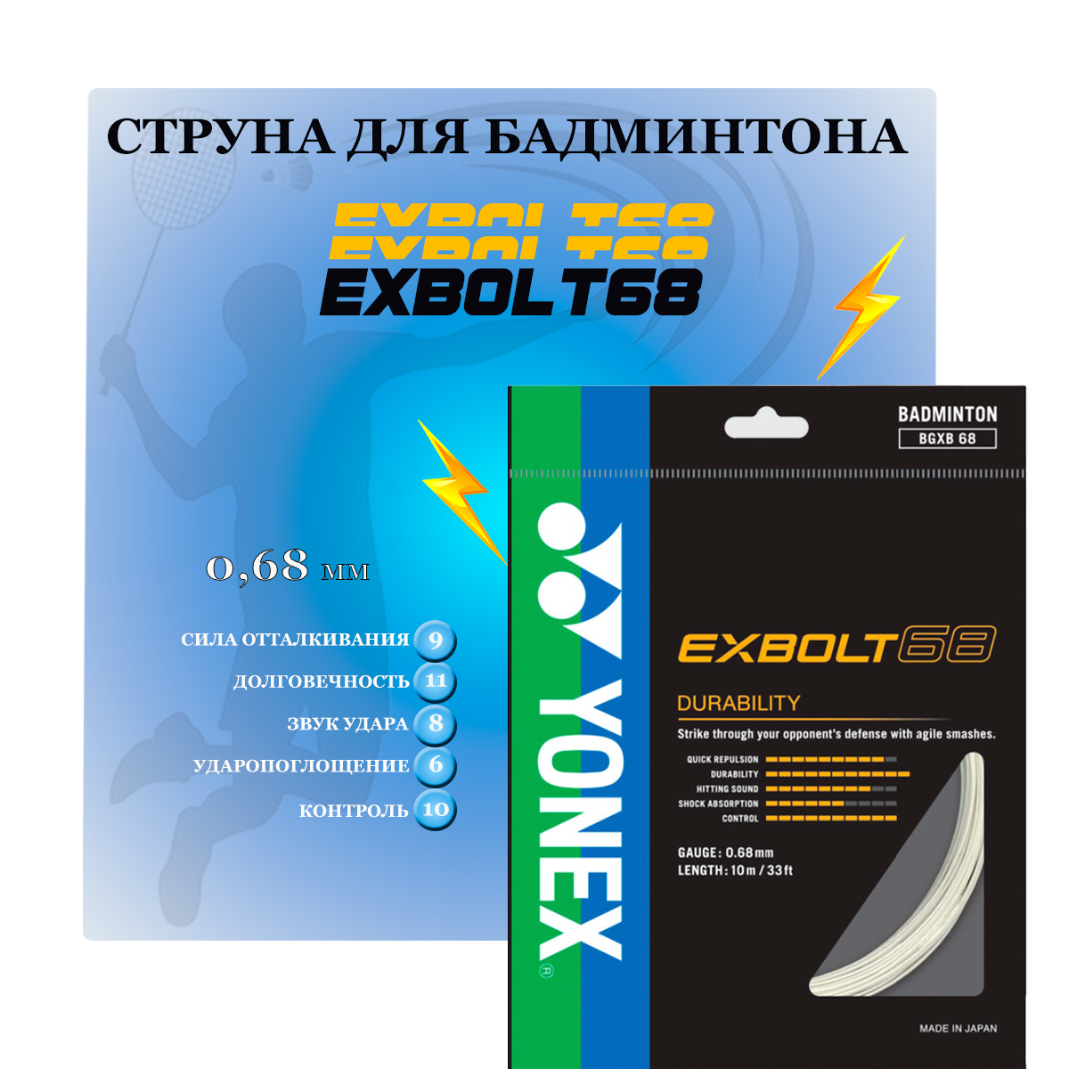 Струна YONEX Exbolt 68, для бадминтона, WHITE, длина 10 м, 1шт