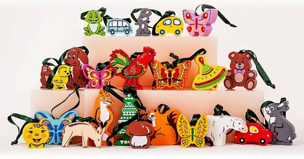 Набор детских елочных игрушек-подвесок из дерева "Томик", игровой набор из 25 штук