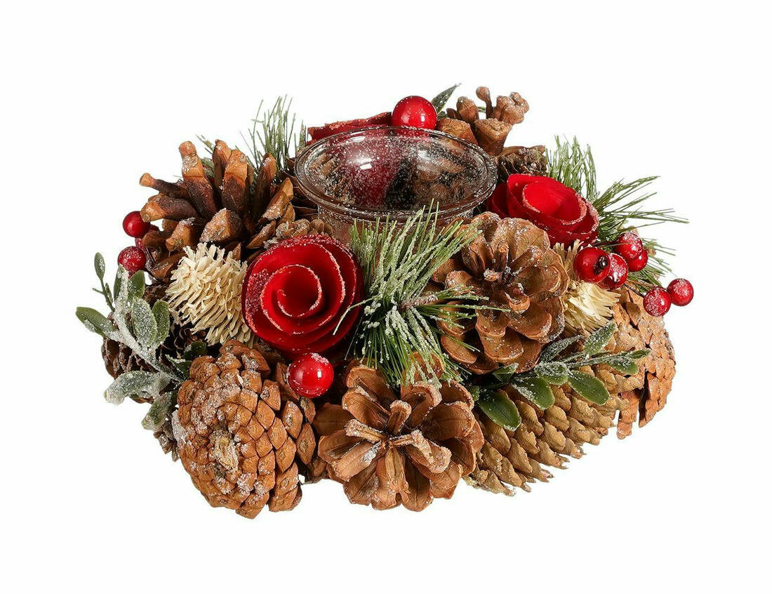 Декоративный подсвечник малый, натуральные шишки, хвойные ветки, искусственные ягоды и цветы, 19 см, Edelman
