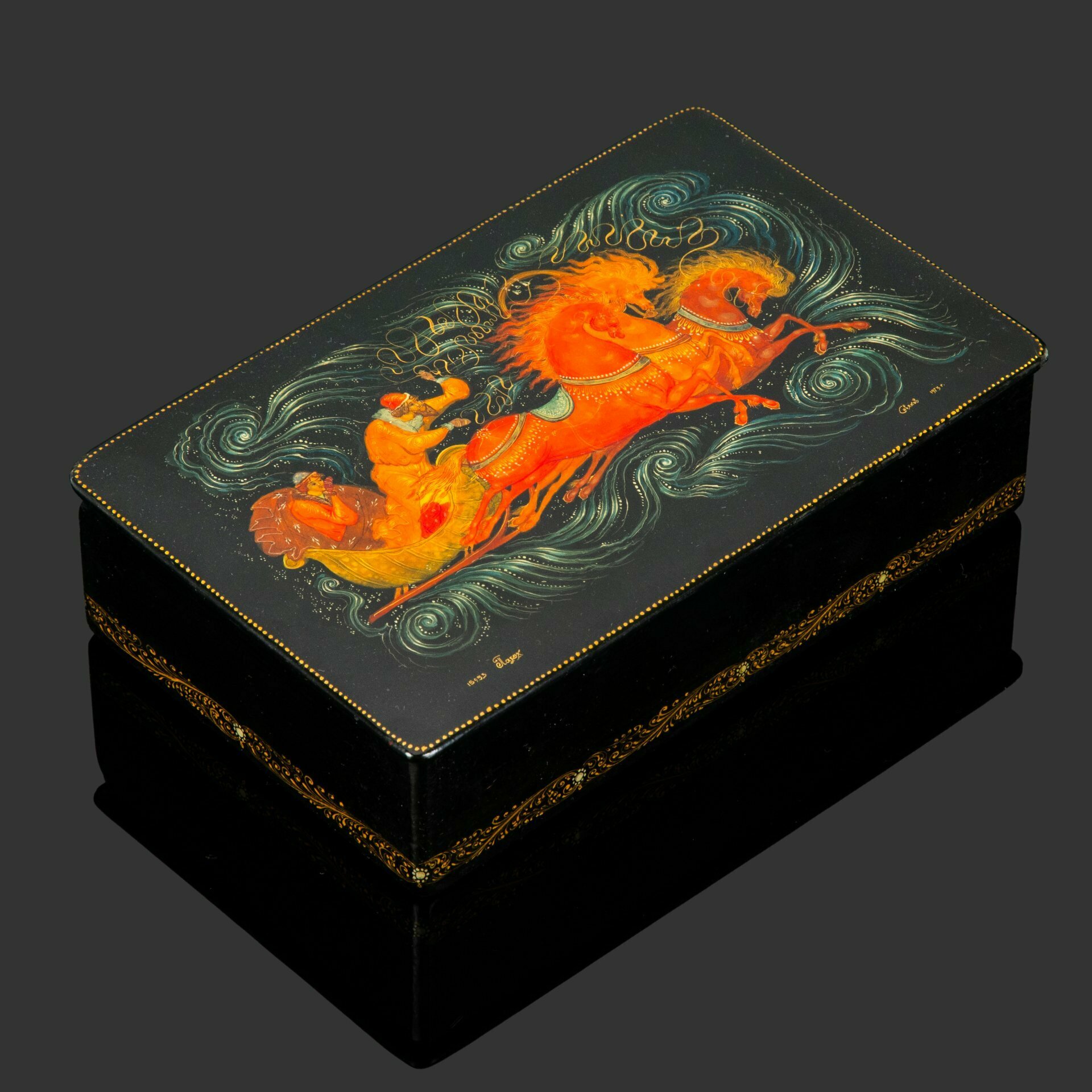 Шкатулка "Тройка", автор Евгений Александрович Сивяков, папье-маше, роспись, лак, Палех, СССР, 1973 г.