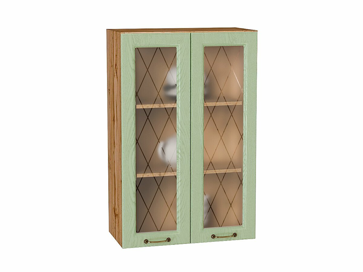 Шкаф верхний с 2-мя остекленными дверцами Ницца, цвет фасада Дуб оливковый, цвет каркаса Дуб Вотан, стекло White Сrystal, 920*600*318 мм