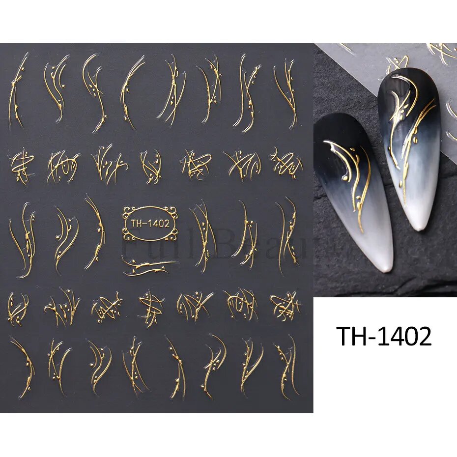 Наклейки для ногтей TH-1402, золотые полоски, мрамор