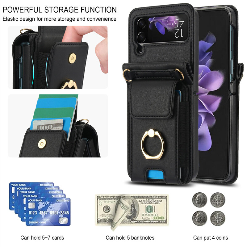 Подходит для Samsung Galaxy Z Flip3 / Самсунг Галакси Z Flip3 Модный Кошелек премиум-класса, кожаный чехол для мобильного телефона, Z Flip3, подставка, soft touch,360° Полная защита, кобура, резина